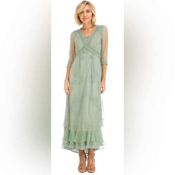 Nataya | Dresses | Nataya Green Gown With Bishop Sleeves And Scoop Neck ...